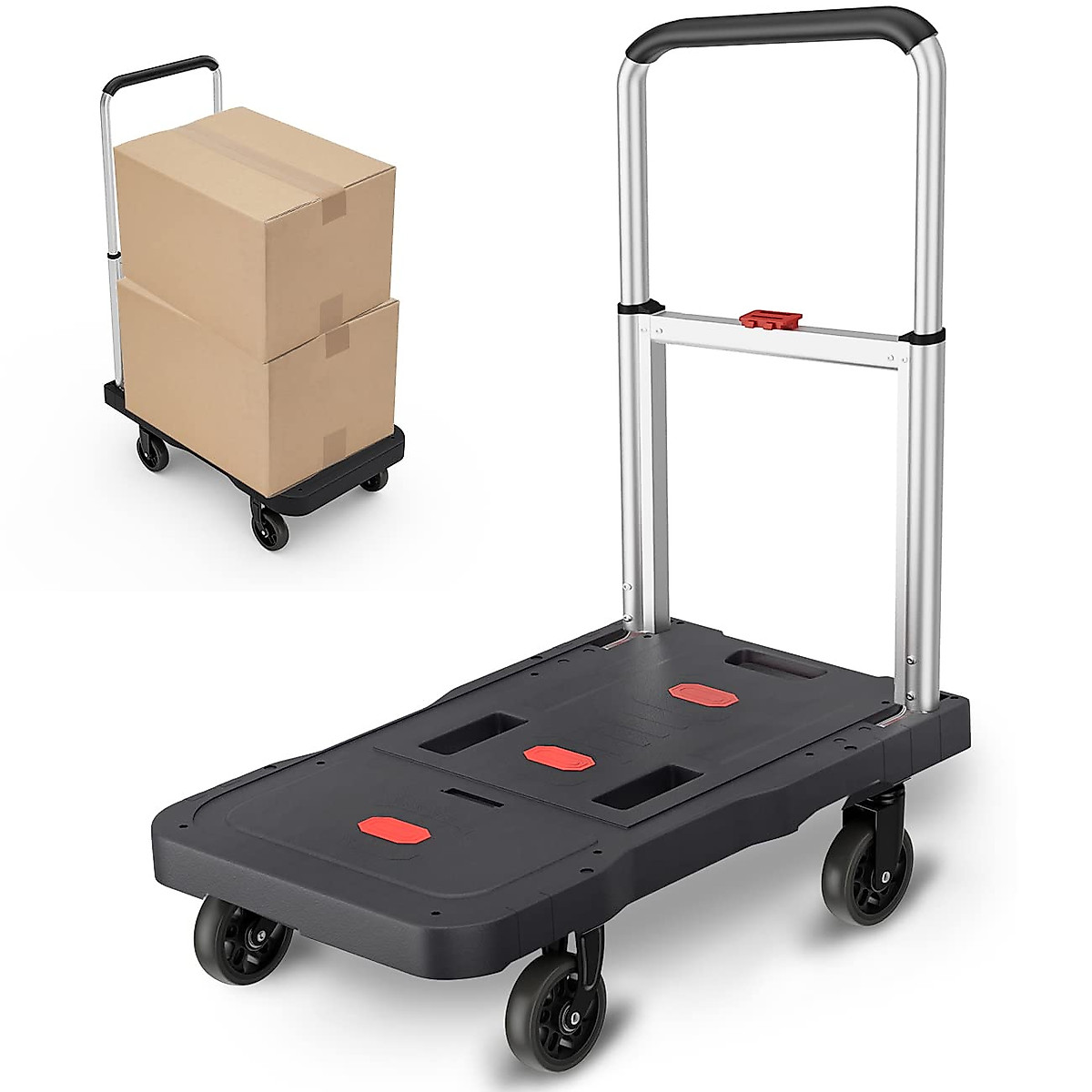 Platform Truck Foldable Push Cart Dolly 330lb Weight Capacity, Adjustable Hand Truck Handle with 360 Degree Swivel Wheels for Garage Garden Home & Office Use, Black