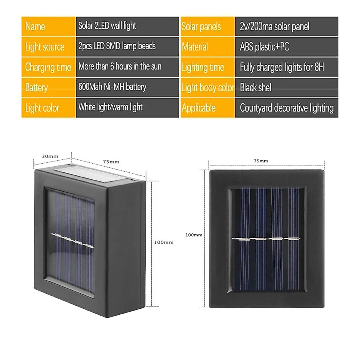 2 LED Solar Wall Light UP and Down Illuminate Outdoor Sunlight Sensor Lamp IP65 Waterproof Modern Nordic Style Decor for Home Garden Porch, Black