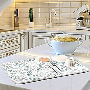 Grey and Blue Leaves branches Dish Drying Mat 16x18 for Kitchen Gray Leaves Botanical Spring Flowers Dishes Pad Dish Drainer Rack Mats Absorbent Fast Dry Kitchen Accessories