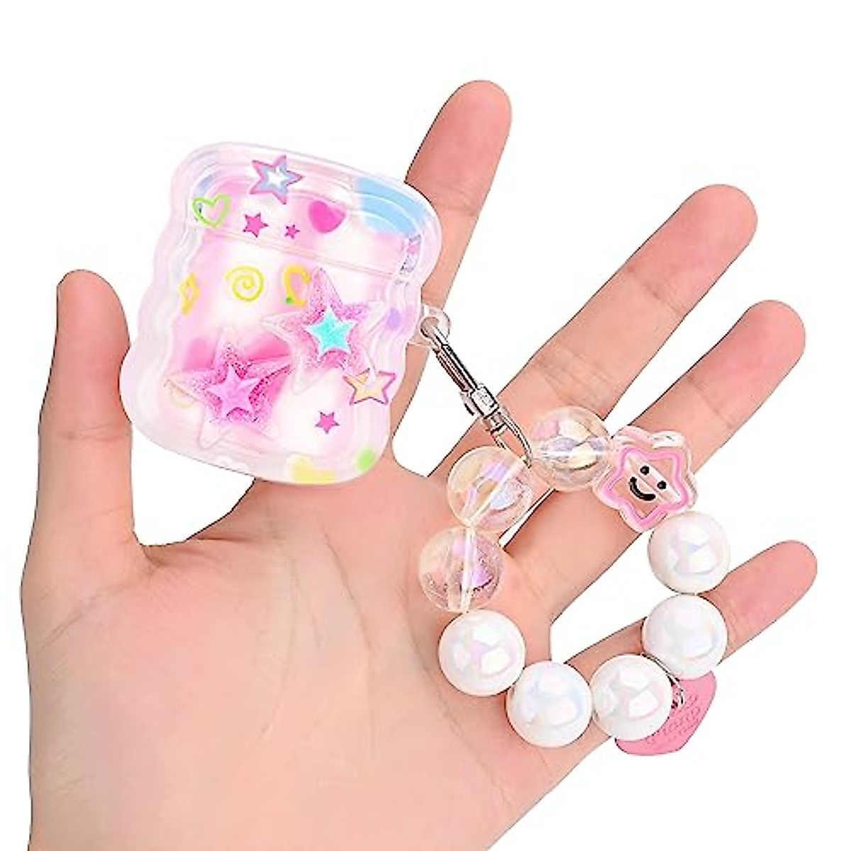 Cute AirPods Case with Love Pendant Colorful Round Bead Keychain, Glitter 3D Stars Design Soft Protective Cover Compatiable with AirPods 2nd & 1st Generation Case