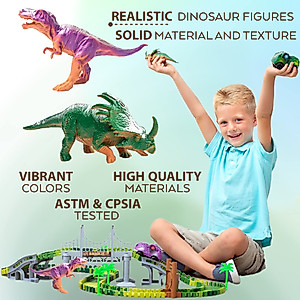 TOYLI Dinosaur Race Track Set 182 Pieces, Dino Track Flexible Dinosaur Road Race Playset with Bridge, Ramps, Dinosaur Track Toy Set is a Great 3 Year Old boy Gift.