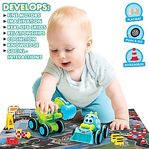Toys for 3 Year Old Boy - 4 Friction Powered Trucks for 3+ Year Old Boys, Playmat & 16 Accessories, Push & Go Cars Cartoon Construction Vehicle Set - Toddler Boys Toys & Toy Trucks, Toddler Toys