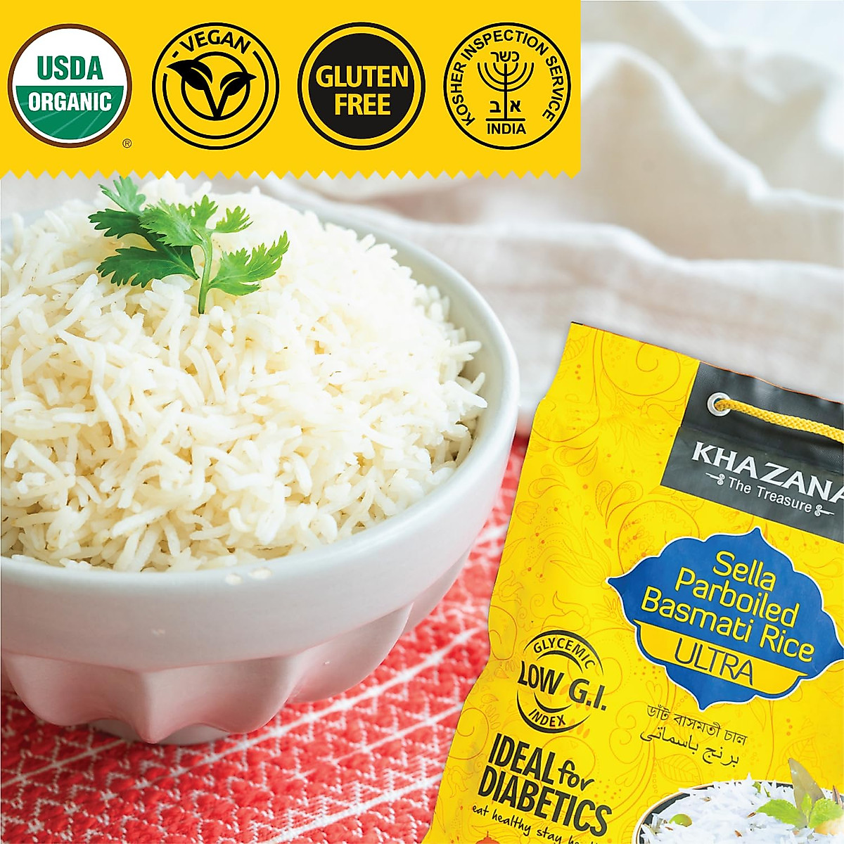 Authentic Ultra Long Parboiled Basmati Rice by Khazana in 10 lb Bag - Aromatic and Flavorful Indian Grain - Non-GMO, Gluten Free, Kosher, Cholesterol Free