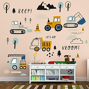 Mulaibdin 37 pcs Cartoon Bulldozer Digger Wall Stickers, Adorable Baby Boys Room Decor, Hand-Painted Style Crane Truck Wall Decals for Bedroom Nursery, Construction Wall Murals Peel and Stick (37PCS)