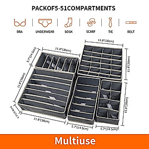 IGELIN MAGELI Drawer Underwear Organizer Dividers 5 Pack, Oxford Cloth Organizers and Storage Boxes for Lingerie, Bra, Socks, Underwear, Ties (Gray)