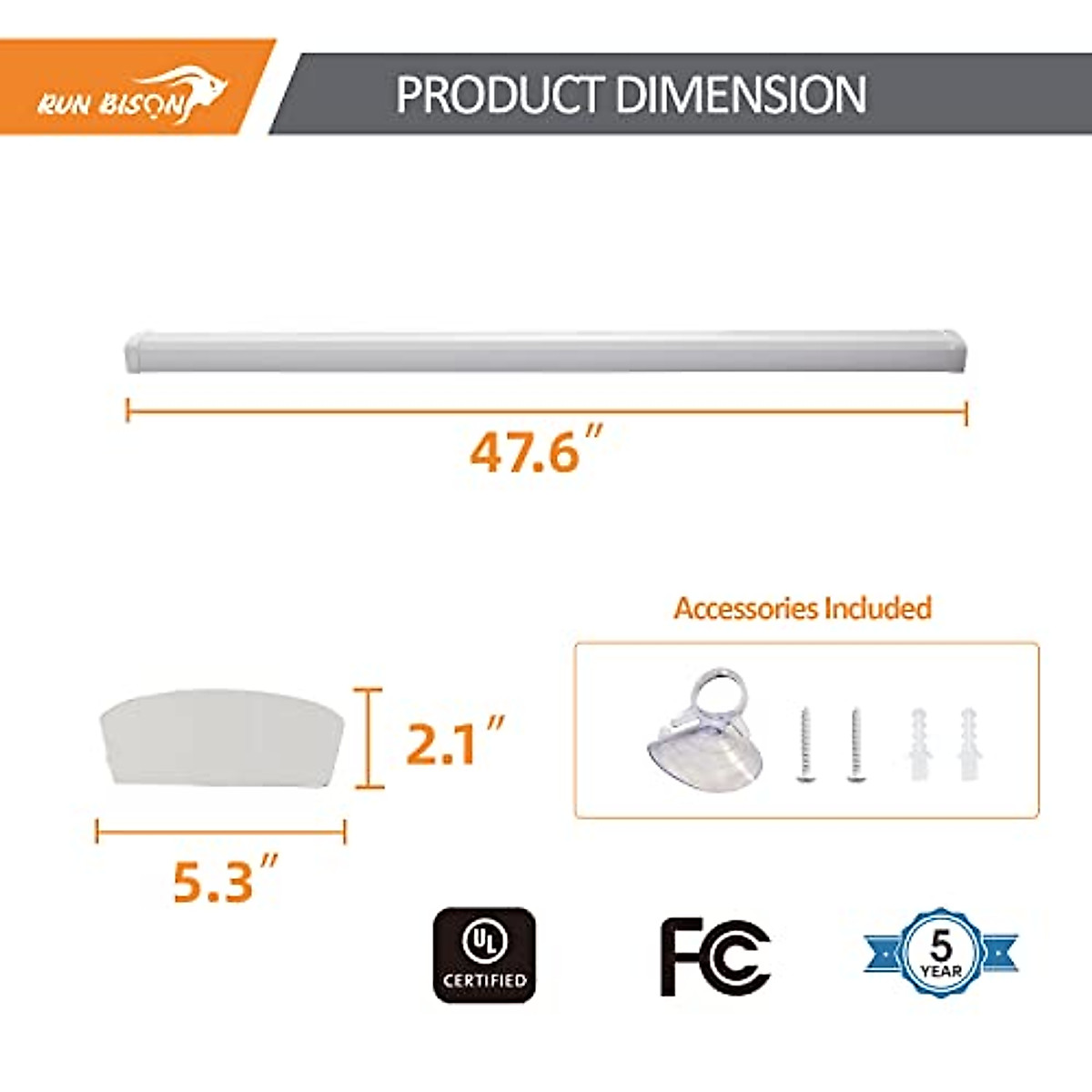 Run Bison 4FT LED Wraparound Light Fixture, 3 Color Selectable 3500K-5000K,Lumen Adjustable 3680/4600/5520LM,120-277V, 0-10V Dimmable Vapor Proof Parking Garage Light Fixture - 2 Pack