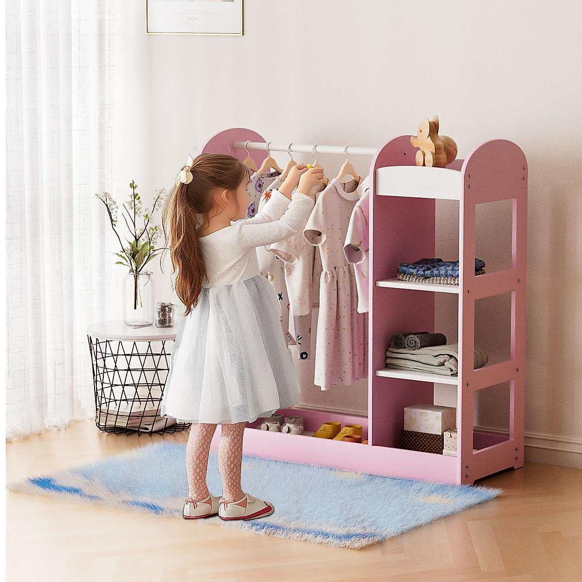 67i Kids Dress up Storage with Mirror Kids Play Armoire Open Hanging Armoire Closet Storage Closet Dresser Pretend Costume Dresser Organizer Center for Little Girls Bedroom (Pink)