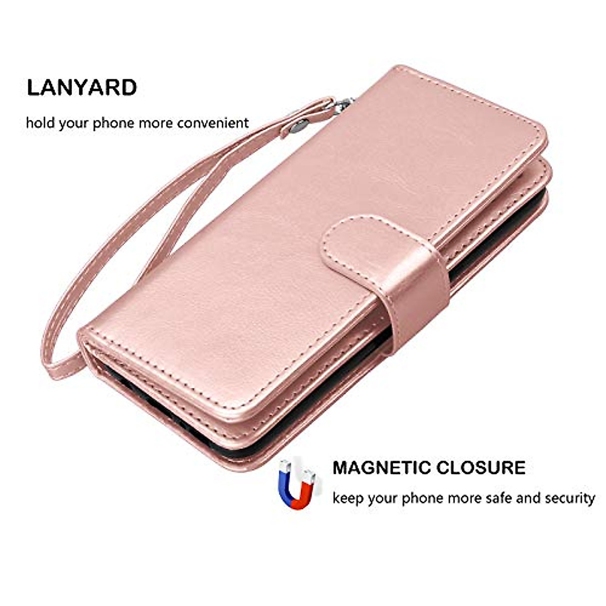 NJJEX Wallet Case for iPhone XR, for iPhone XR Case, PU Leather [9 Card Slots] ID Credit Holder Folio Flip Cover [Detachable][Kickstand] Magnetic Phone Case & Lanyard for iPhone XR 6.1" [Rose Gold]