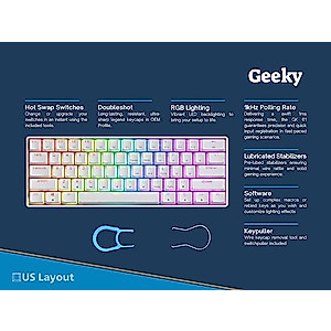 Geeky GK61 60% | Hot Swappable Mechanical Gaming Keyboard | 61 Keys Multi Color RGB LED Backlit for PC/Mac Gamer | ANSI US American Layout (White, Mechanical Red)