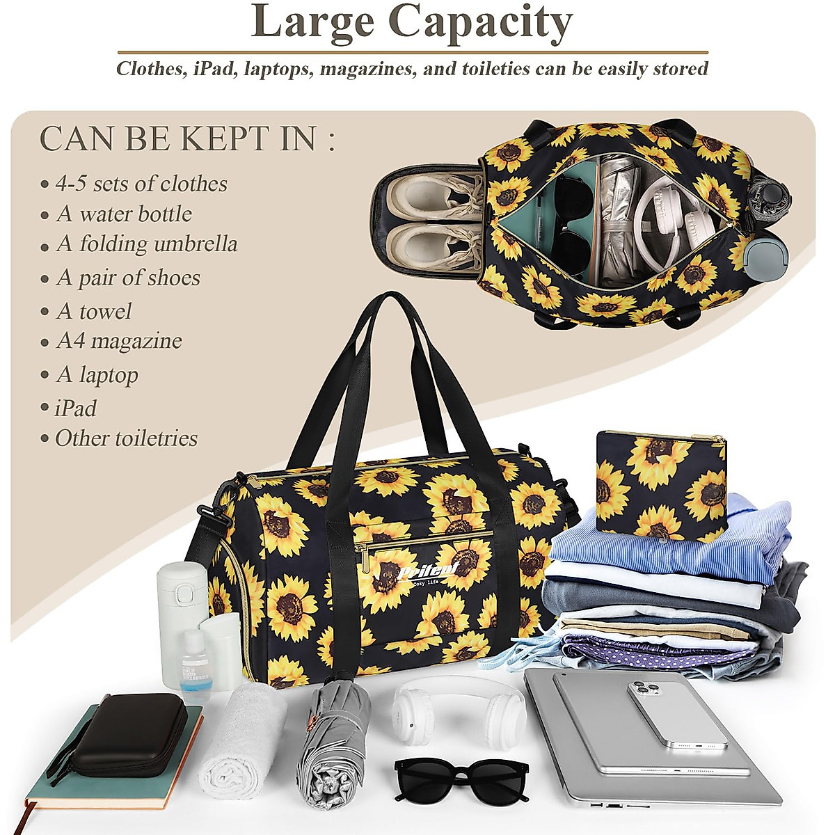 Pritent Gym Bag for Women with Shoe Compartment, Sport Gym Tote Bags Waterproof Travel Duffle Carry on Weekender Overnight Bag for Hospital Yoga Beach Maternity Mommy 20inch Sunflower
