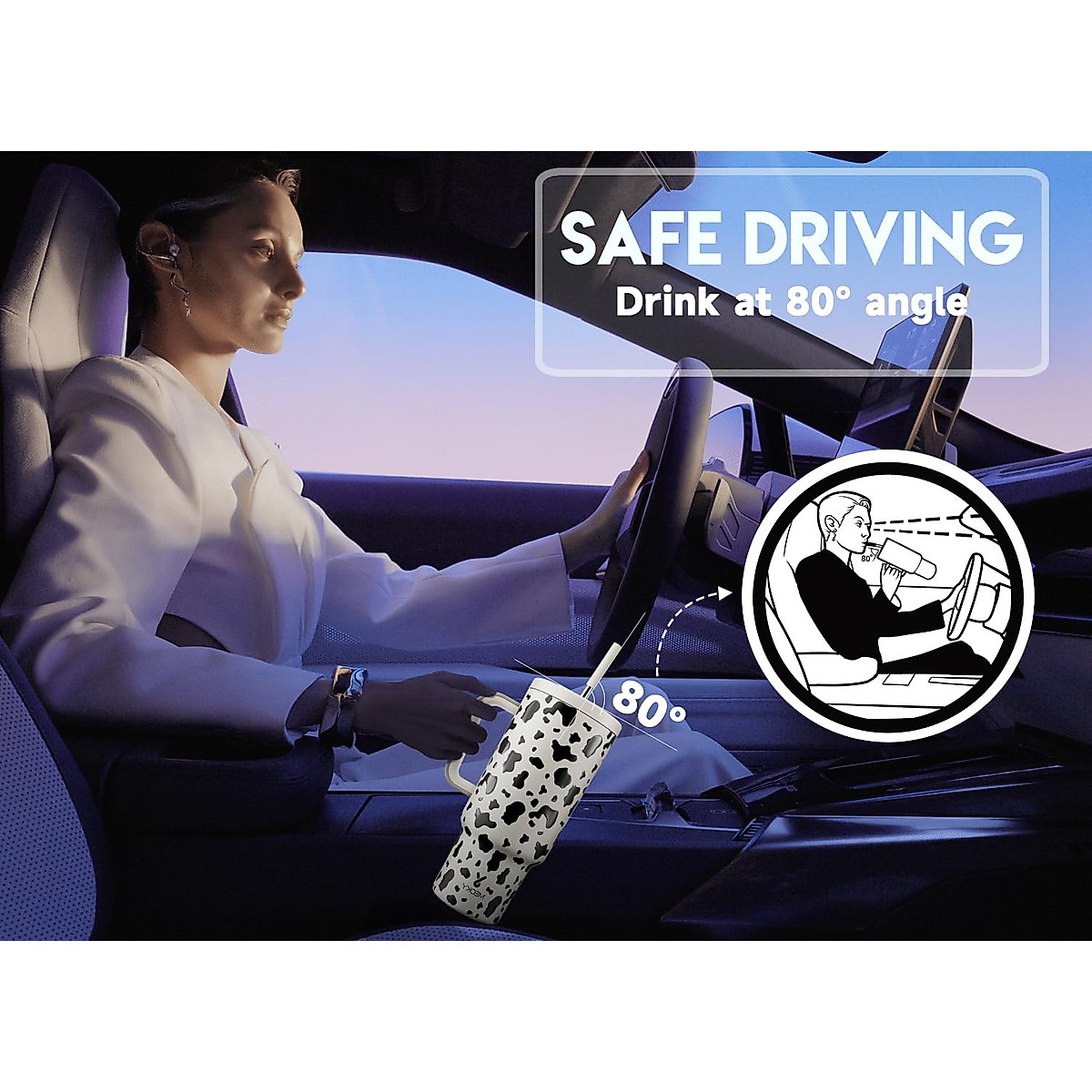 Meoky 40 oz Tumbler with Handle and Straw, Tumbler with Lid and Straw, Insulated Stainless Steel Travel Mug, 100% Leak-proof, Keeps Cold for 34 Hours or Hot for 10 Hours (Cow)