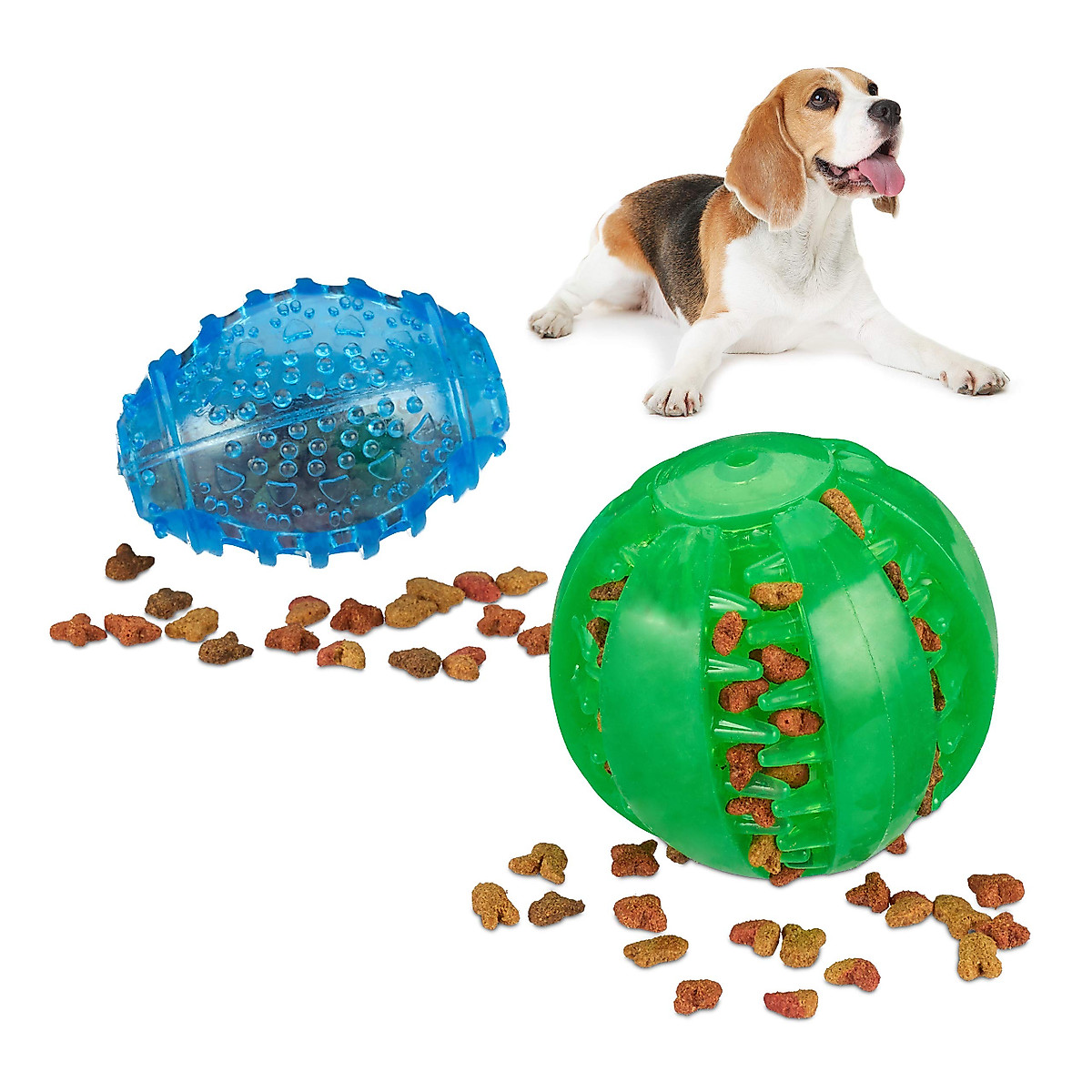 Relaxdays Chew Set of 2, Dog Toy Dental, Squeaks, Bite-Proof, Robust, 2 Sizes Teeth Cleaning Balls, Green/Blue, One