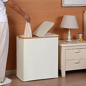 efluky Laundry Hamper with Lid, Double Laundry Hamper with 2 Removable Bags, 2 Section Laundry Basket with Bamboo Handles for Bathroom, Bedroom & Laundry Room, 140L (36.9 Gallon) Beige