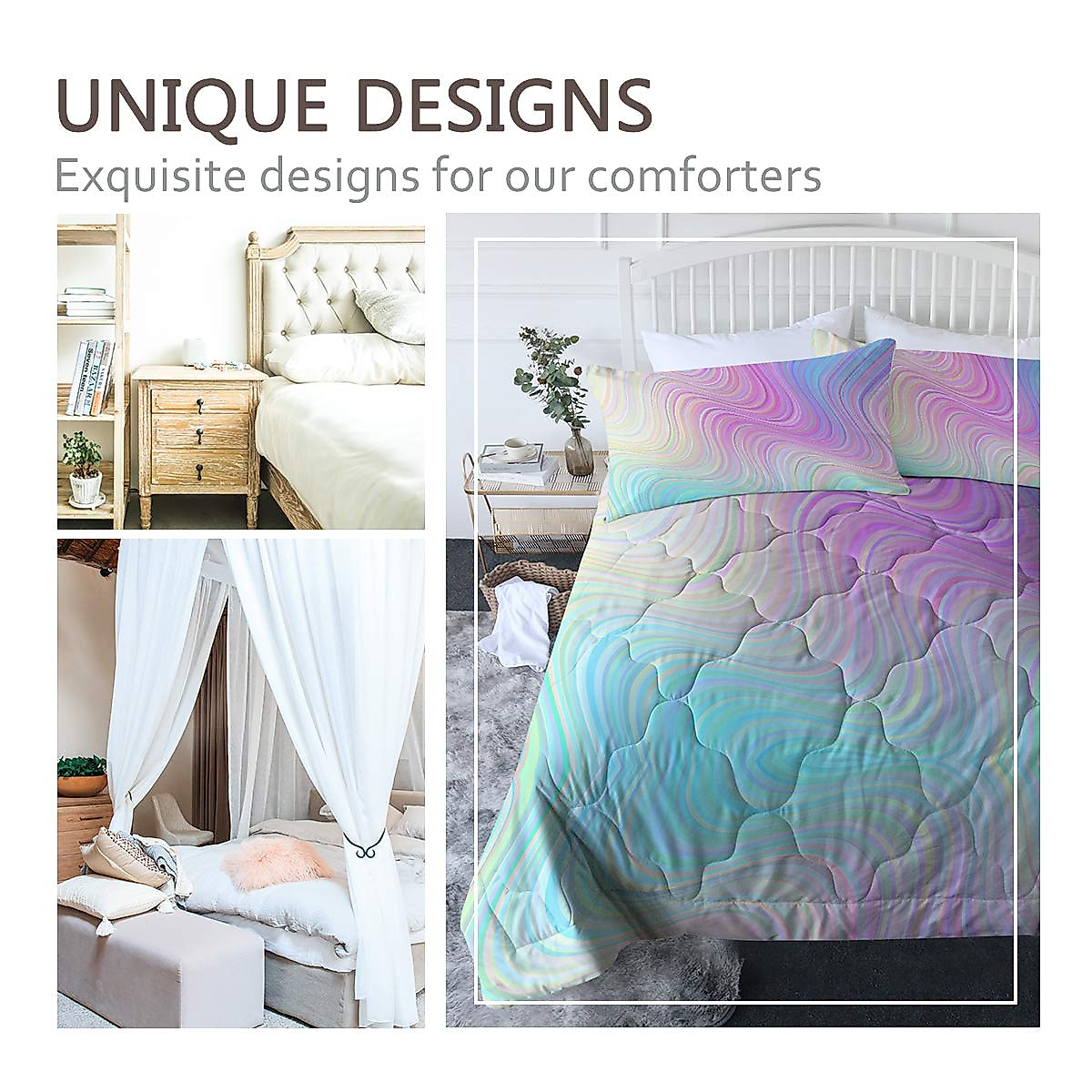 BlessLiving Rainbow Comforter Set Girls Abstract Bedding Sets Pastel Green Purple Bed Set Cute Wave Stripes Bedspreads for Women (Full/Queen)