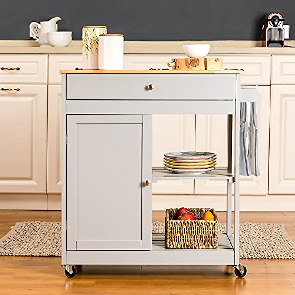 Glitzhome Kitchen Island with Storage Kitchen Cart on Wheels Rolling Kitchen Cart Island Table with Tower Holder Spice Rack Drawer for Dining Room Kitchen, 34.25”H, Gray