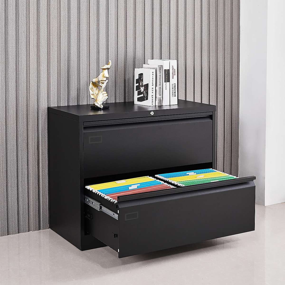 2 Drawer Lateral Filing Cabinet for Legal/Letter A4 Size, Large Deep Drawers Locked by Keys, Locking Wide File Cabinet for Home Office, Metal Steel, Black
