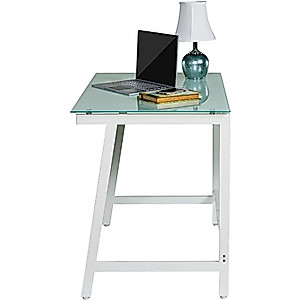 OneSpace Contemporary Glass Writing Desk, Steel Frame, White and Cool Blue