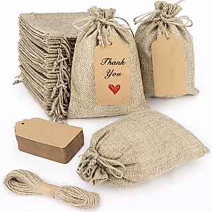 Hapdoo 50pcs Small Gift Bags with Drawstring and 50 Gift Tags with String, 4x5.5 IN Fabric Gift Bags for Small Business Bulk, Small Burlap Bags with Drawstring, Mini Party Favor Bags DIY Craft Jewelry Pouches Coffee Bags