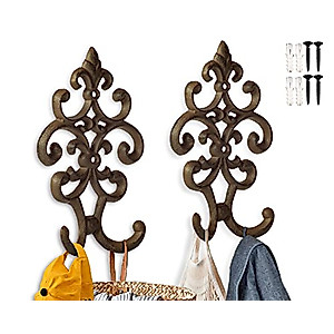 Comfify Cast Iron Vintage Double Wall Mounted Hooks | Decorative Antique Wall Mounted Hanger for Coats, Jackets and More | 7.75" x4.8” | with Screws and Anchors - Set of 2