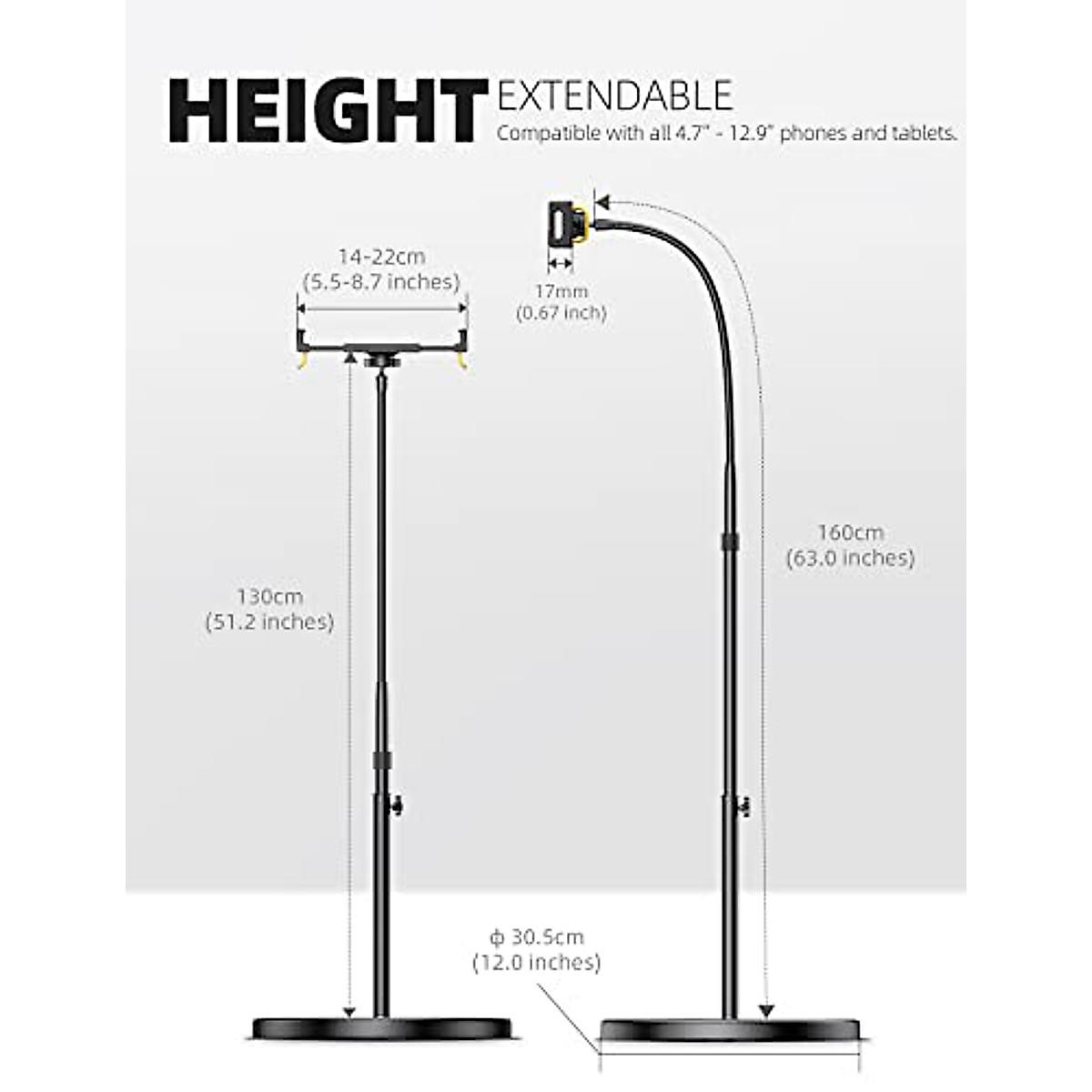 Lamicall Tablet Floor Stand - Gooseneck Swivel Holder Mount with Adjustable Height & 10.6lb Stable Base, Compatible iPad Mini Air Pro 12.9/9.7, Galaxy Tab, Kindle, Cell Phones (4.7''-13'')