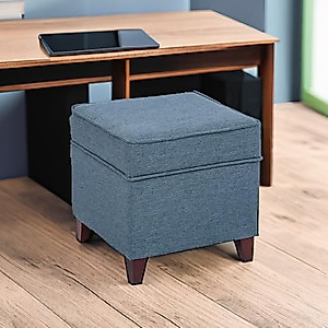 Adeco 17" Square Ottoman with Storage- Small Storage Ottoman Foot Rest with Hinged Lid- Blue Faux Linen Fabric Upholstered Footstool with Sturdy Wood Legs