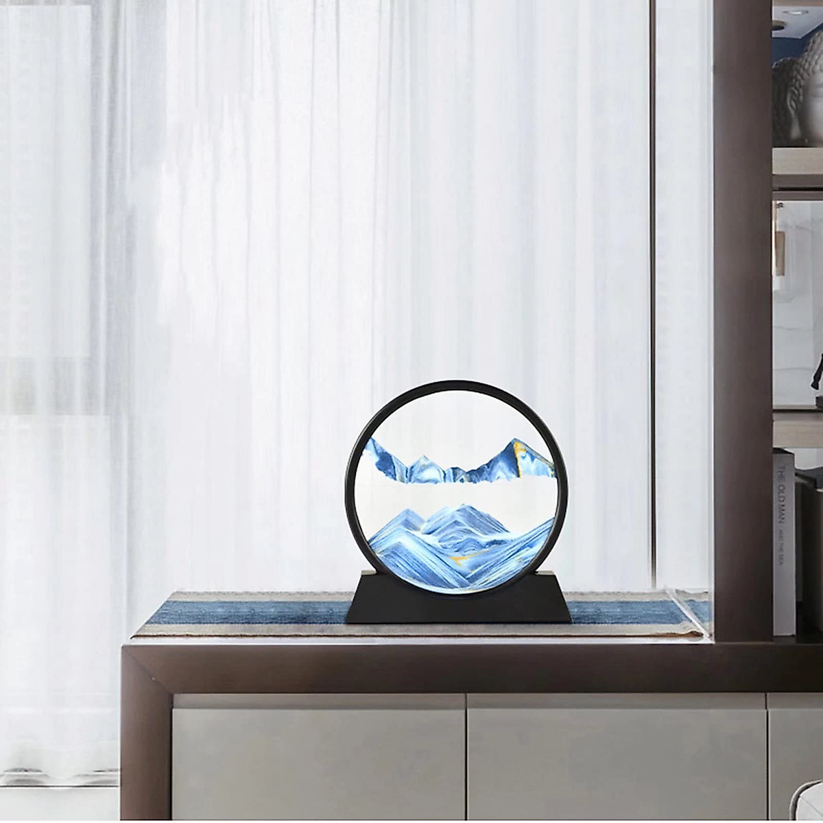 MUNSCVUS Moving Sand Art Picture in Motion, Round Tempered Glass 3D Deep Sea Sandscapes with Display Flowing Sand Frame for Relaxing Desktop Home Office Work Décor for Kids Adults (Blue, 12inch)