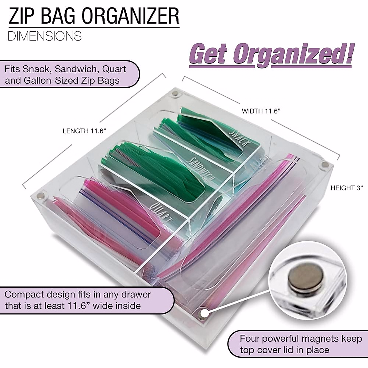 OnDisplay Luxe Acrylic Kitchen Drawer Zip Food Storage Bag Organizer