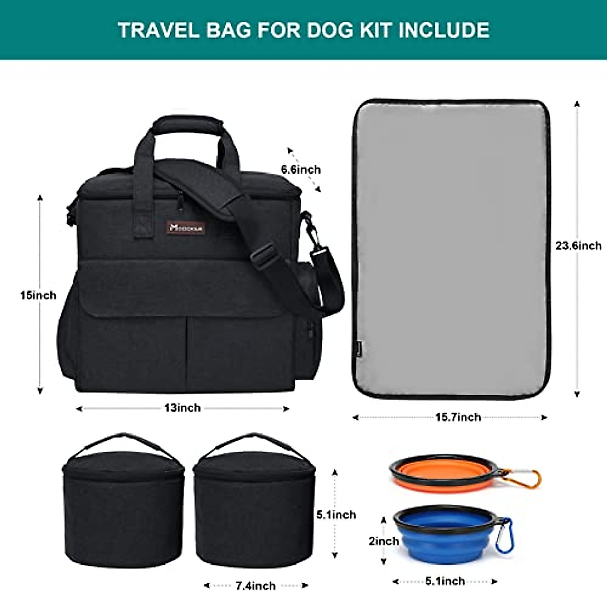 Dog Travel Bag by Modoker - Dog Travel Kit for a Weekend Away Set Includes Pet Travel Bag Organizer for Accessories, 2 Collapsible Dog Bowls, 2 Travel Dog Food Container (Black)