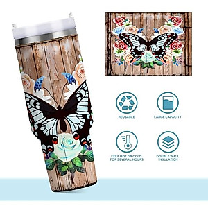 Rustic Butterfly Floral 40 Oz Tumbler with Handle and Straw, Stainless Steel Coffee Mug, Insulated Coffee Cups with Lids