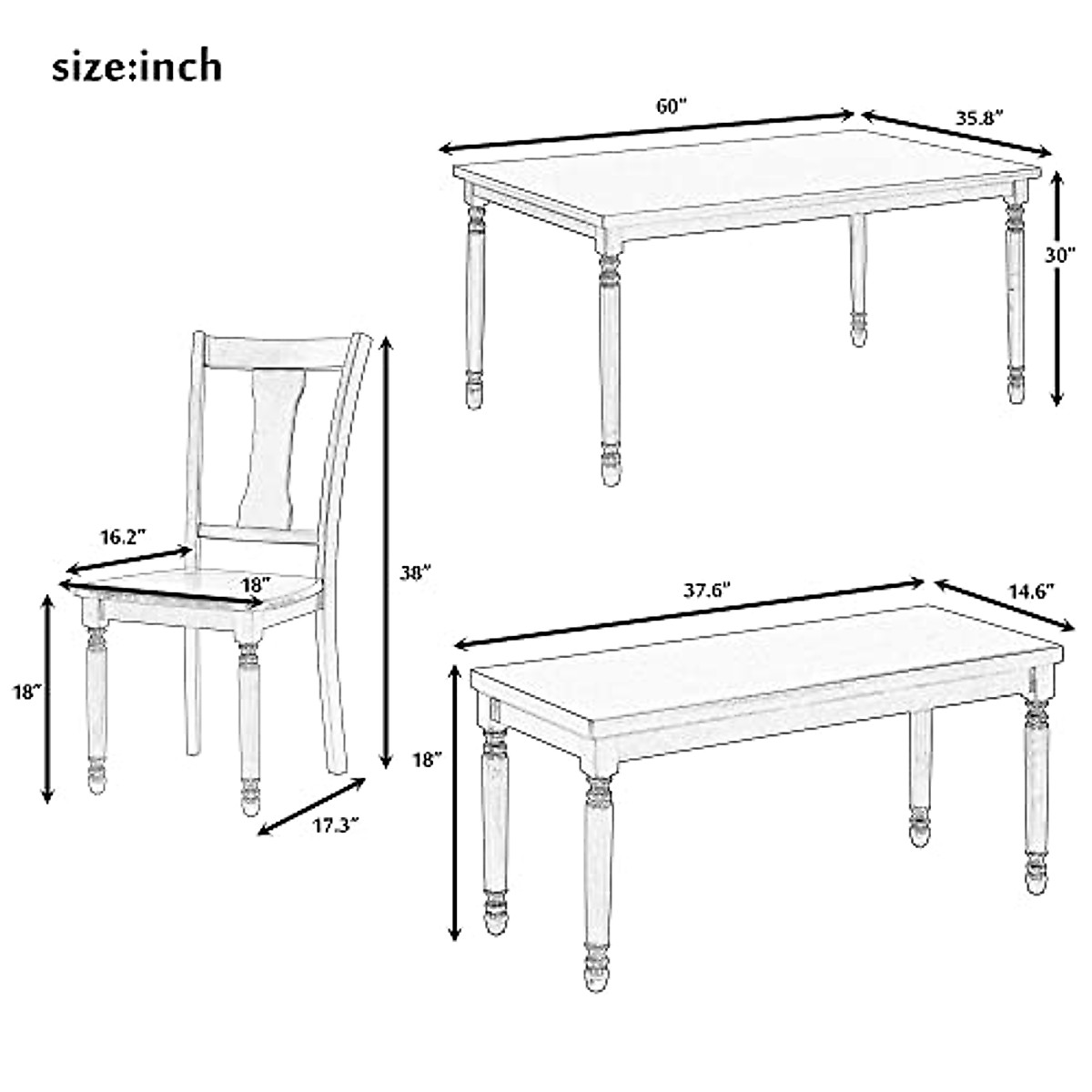 Woanke Table & Chair 6 Piece Rectangular 4 Chairs and 1 Bench, Dinette, Kitchen Furniture Set, Wooden Dining Table for Restaurant, Living Room, 3-Espresso