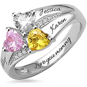 Mothers Ring Sterling Silver with 3 Birthstones & Names Personalized Women Band Custom Three Heart Shaped Stones Children Names White Gold Plated Gift for Mothers Day from Son Daughter