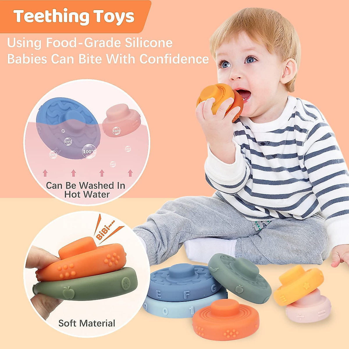 Soft Silicone Stacking Blocks for Toddlers, Stacking Rings Baby Toys, Montessori Toys for Babies, Baby Teething Toys for Newborn with Different Letter, Animal and Shape, BPA Free and Soft, 6PC