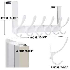 SKOLOO Over The Door Hooks - for doors up to 4.5cm thick, Stainless Steel Door Hanger with 6 Hooks, Over The Door Hanger for Coats Clothes Hat Towel Jacket, White