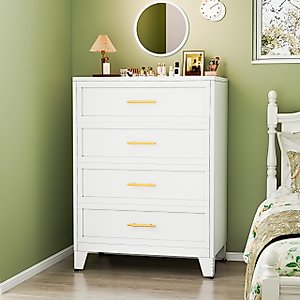 winiowa White 4 Drawers Dresser for Bedroom, Metal Dresser & Chest of Drawers, 43.1" H Tall Storage Cabinet Drawers Organizer with Large Storage Space, Steel Chest of Drawers for Living Room, Hallway