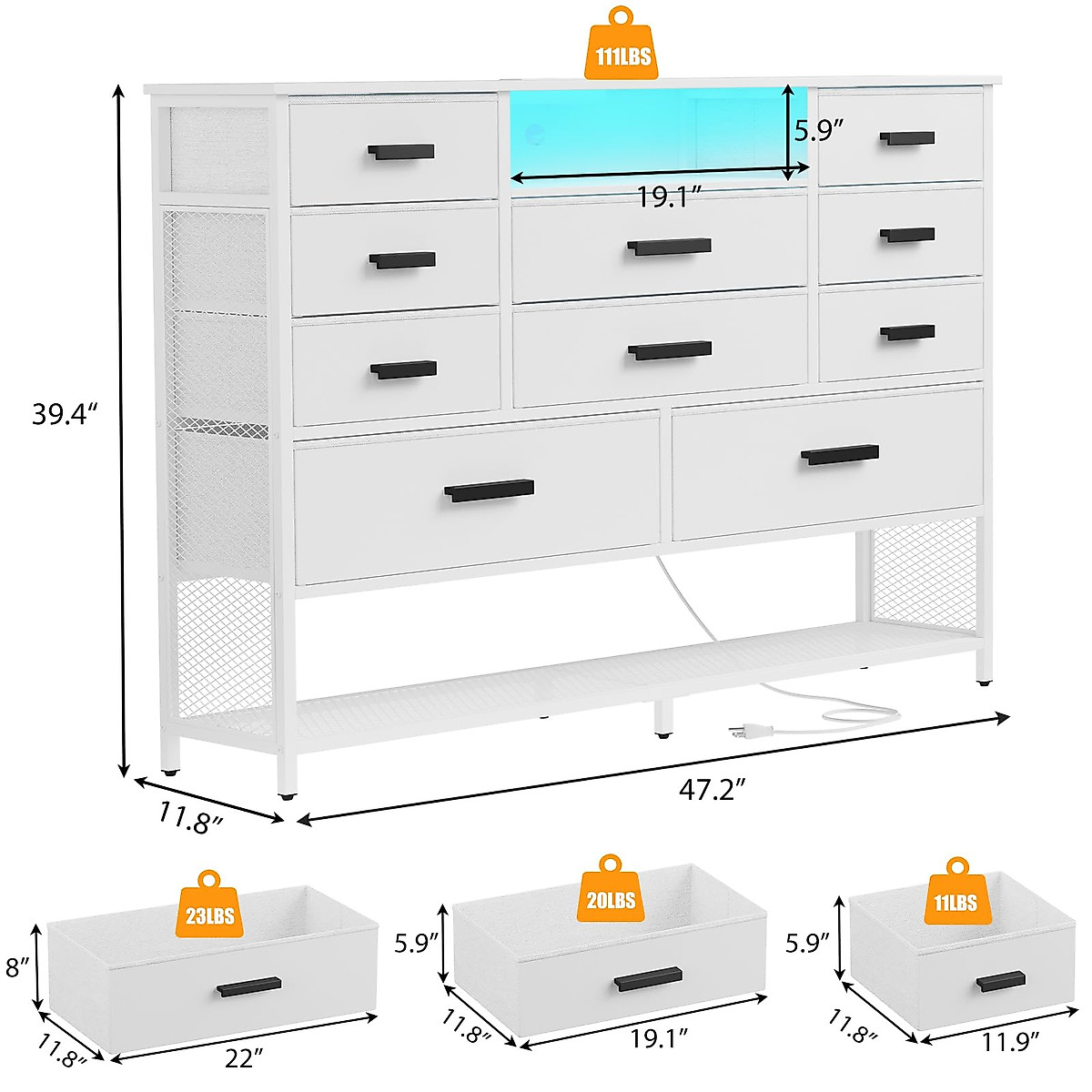 Harpaq White Dresser for Bedroom with 10 Drawers, Dresser with Charging Station, TV Stand Dresser with LED Light for 55" TV, Fabric Drawer Dresser with PU Finish, Dresser with Shelves for Closet