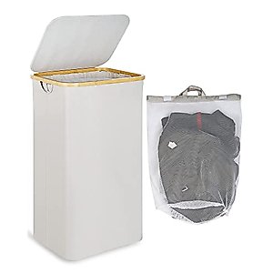 efluky Large Laundry Basket with Lid, 100L Tall Laundry Basket with Bamboo Handles for Clothes and Toys, Collapsible Laundry Hamper with Inner Bag for Bedroom and Bathroom, Light Grey