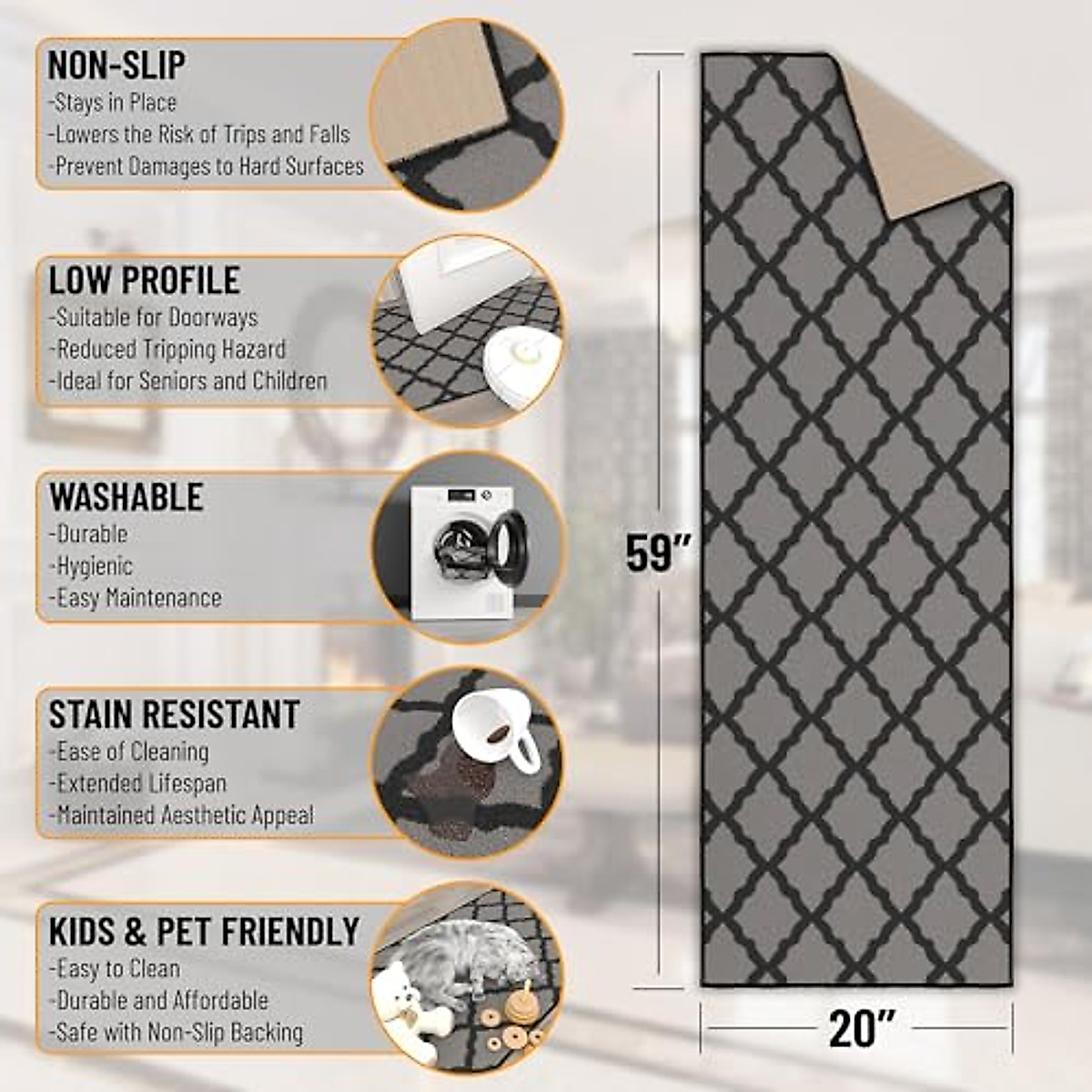 Machine Washable Moroccan Trellis Design Non-Slip Rubberback 2x5 Traditional Indoor Runner Rug for Hallway, Kitchen, Bedroom, Entryway, 20" x 59", Dark Gray