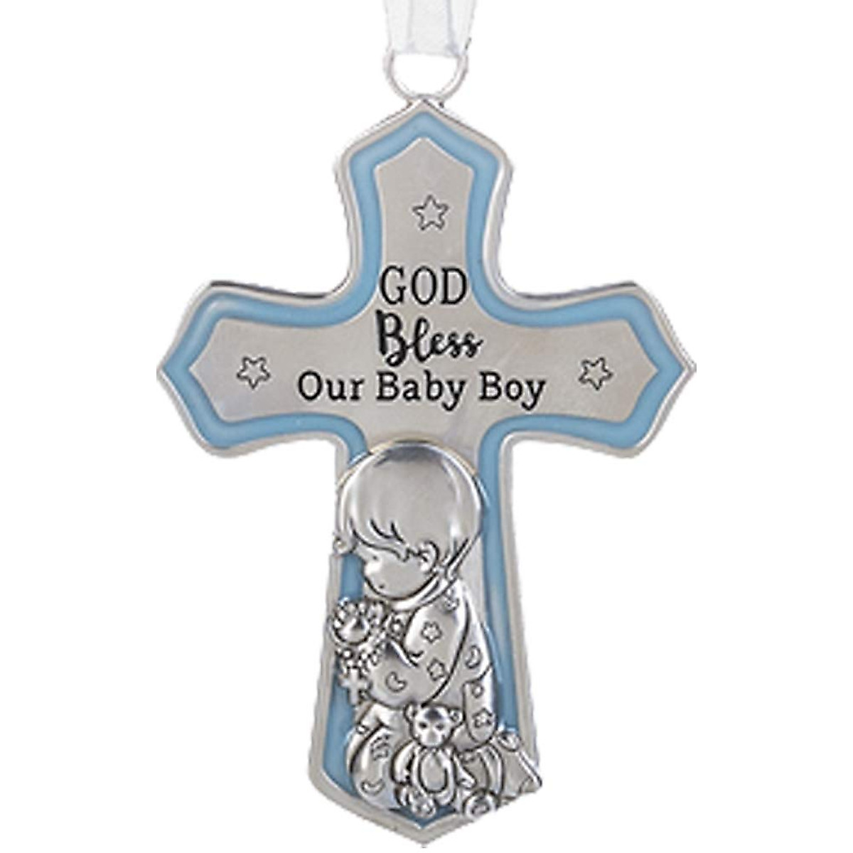 Ganz U.S.A., LLC Ornate Crib Cross Decor with White Ribbon Baby Boy for Baptism, Christening, Baby Shower God Bless Our Baby Boy