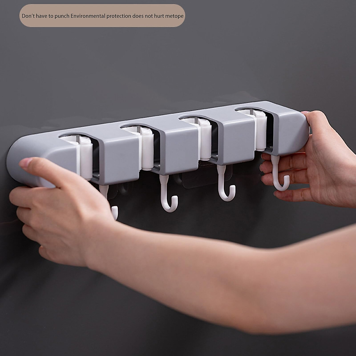 Broom and Mop Holder Wall Mount, 5 Hooks and 4 Slot, Adhesive Garden Tool Rack Organizer for Closet Garage Laundry Room, Anti-Slip Hanger for Brooms, Mops, Rakes, Dustpans, 13 x 2.2 x 1.8 inches