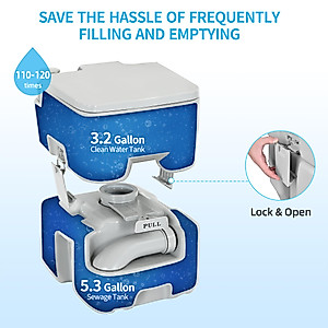 YITAHOME 5.3 Gallon Portable Travel Toilet RV Potty Upgrade Double Outlet Water Spout Handle Flush Pump Detachable Water Tank with Drag Wheel for Camping Boating Hiking Trips