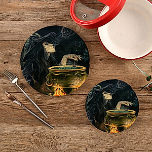 Halloween Witches Pot Holders Set Trivets Set 2 PCS Heat Resistant Round Coasters Cotton Thread Weave Hot Pads for Hot Dishes Pans Pot Bowl