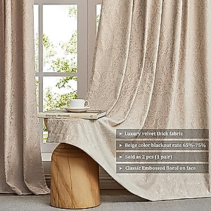 GIGIZAZA Beige Velvet Curtains 84 Inch Long for Living Room,2 Panels Luxury Boho Drapes Flower Embossed Blackout Window Curtain for Living Room Back Tab Thermal for Bedroom