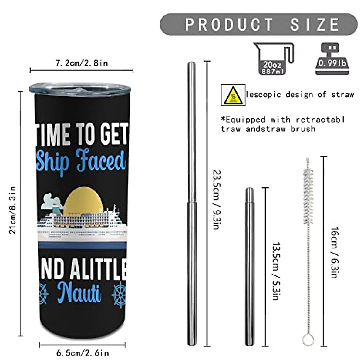 20 oz Water Bottles Cruising Coffee Mugs, Time To Get Ship Faced And A Little Nauti Stainless Steel Water Bottles with Straw Coffee Travel Mug 20 oz