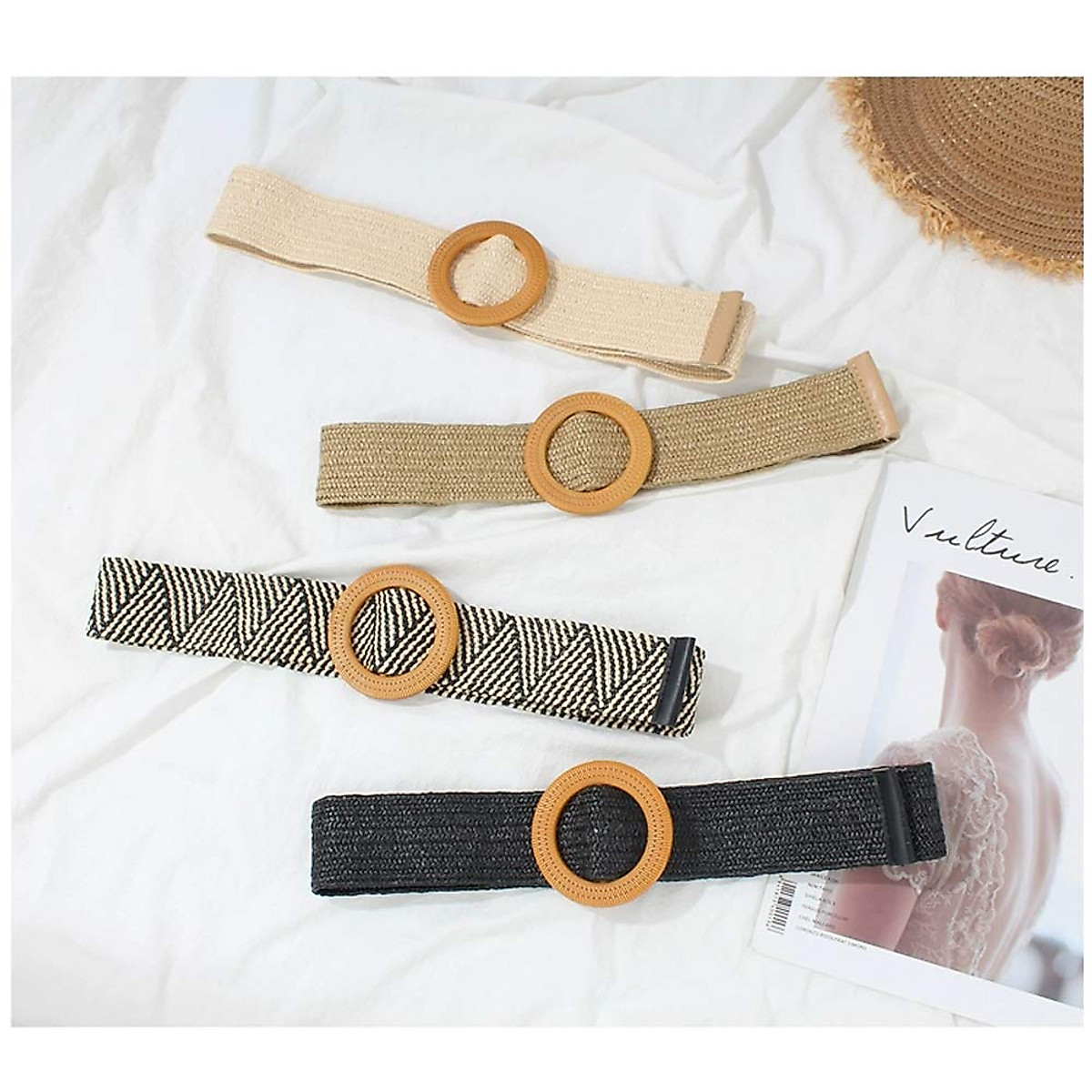 YUCFOREN Women Skinny Dress Belt, Fashion Straw Woven Elastic Stretch Waist Band Wood Buckle Belt