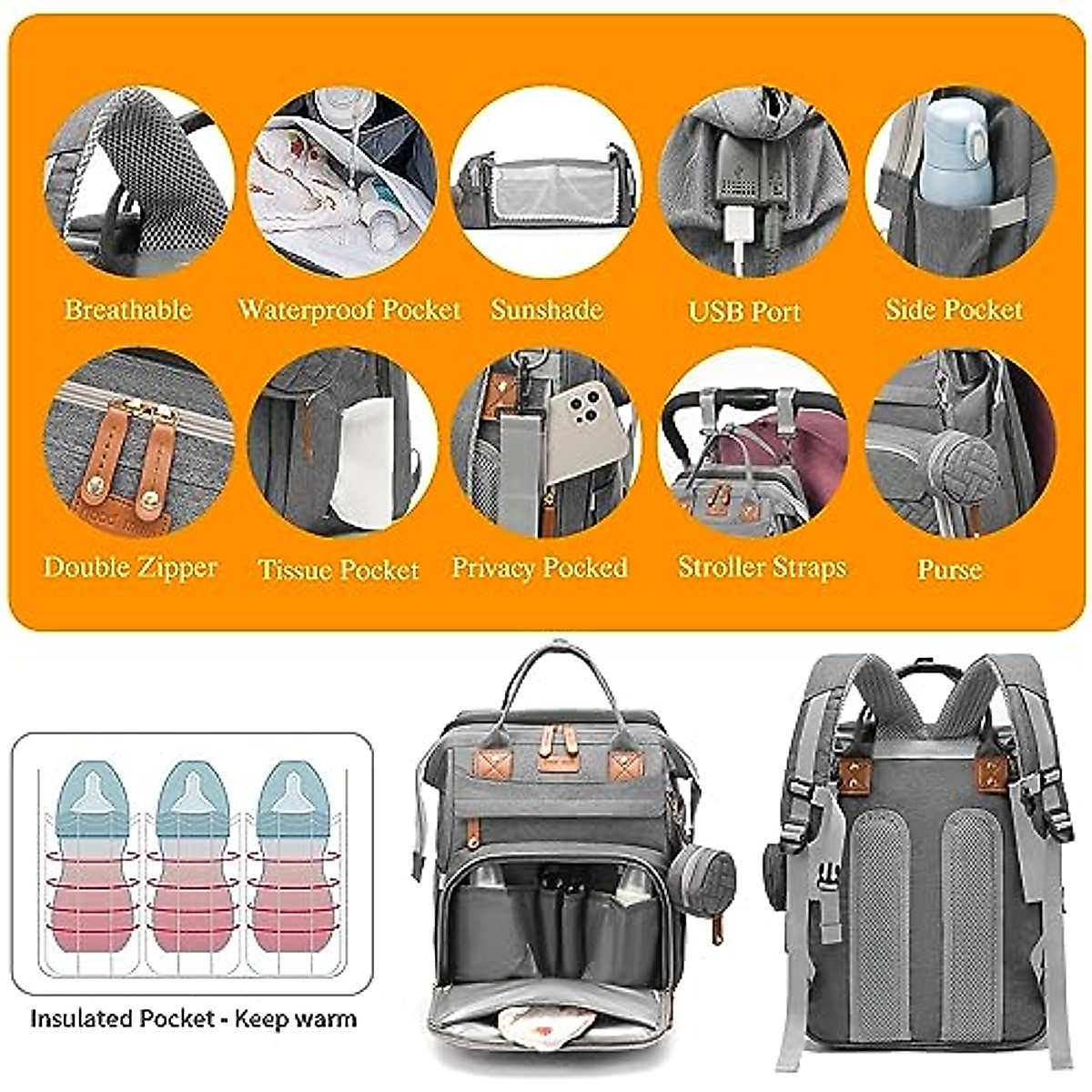 Astro alan Baby Diaper Bags with Changing Station, Waterproof Diaper Bag Backpack for Moms Dads with USB Charging Port, Baby Shower Gifts, Large Capacity diaper backpack, Grey