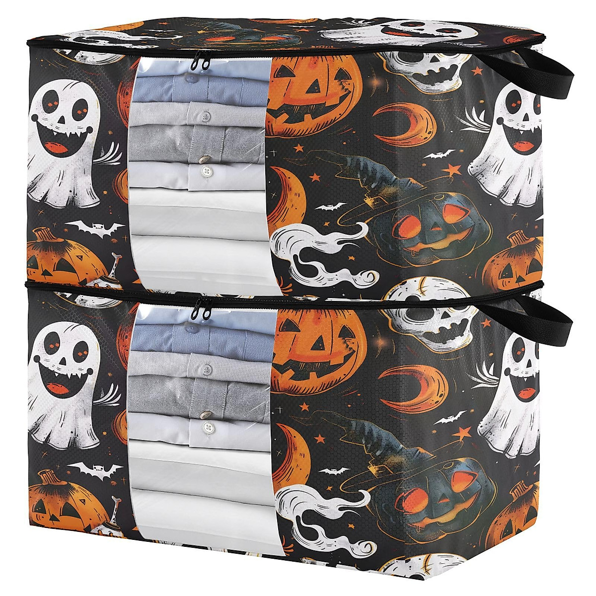 GOODOLD Spooky Happy Halloween Clothes Storage Bags 95L Large Closet Organizer Bags 2-Pack, Zippered, Foldable with Clear Window & Handles - Ideal for Comforters, Blankets