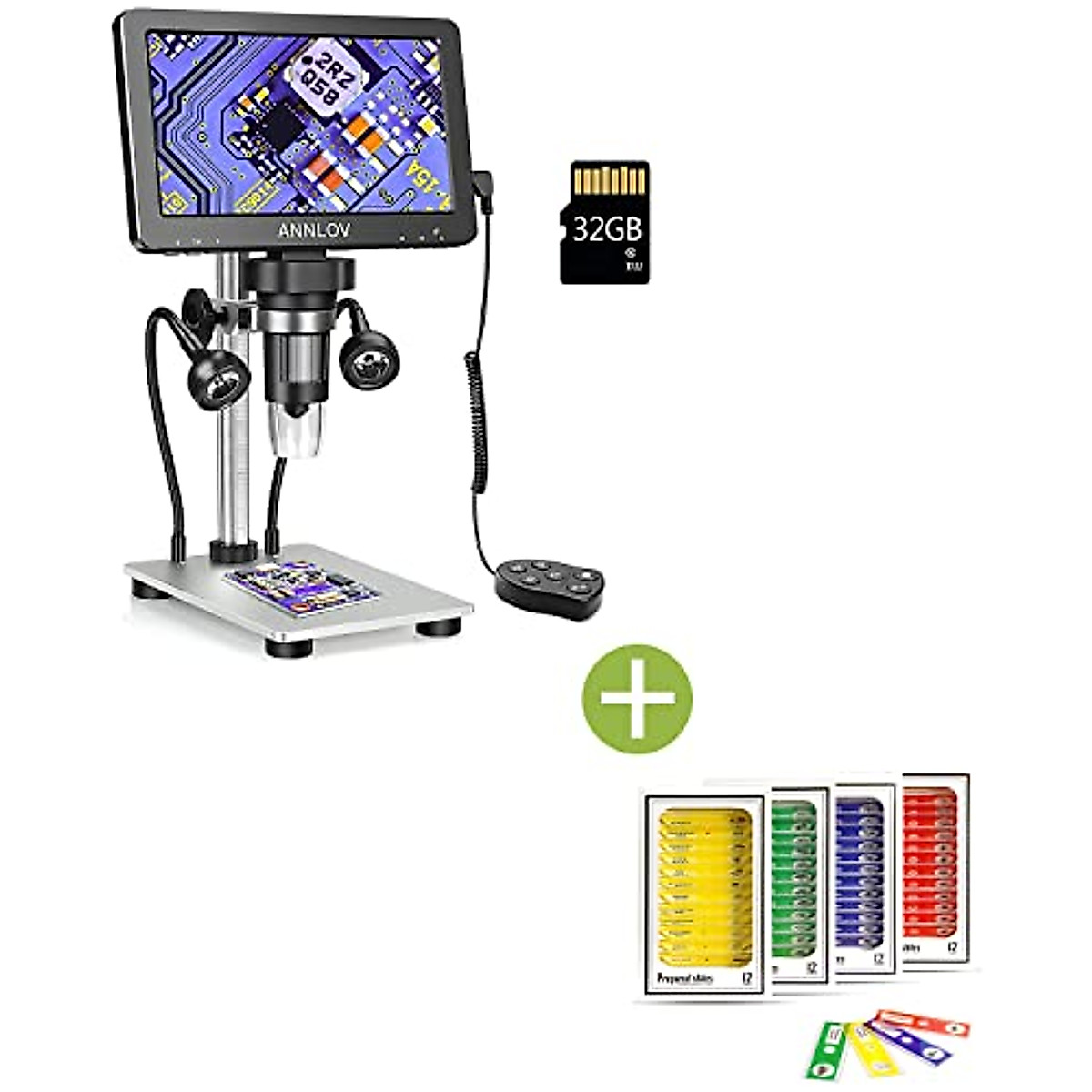 ANNLOV 7" LCD Digital Microscope with 32GB TF Card 1200X Maginfication 1080P Coin Microscope, 48Pcs Prepared Microscope Slide