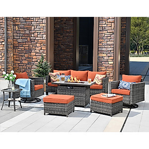 HOOOWOOO Outdoor Patio Furniture Sets 7 Pieces Patio Conversation Sets Weather Resistant Wicker Sofa Seating Set with 42" Fire Pit Swivel Rocking Chairs for 5 Persons Outside,Orange Red
