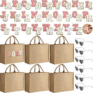 6 Pcs Burlap Jute Tote Bags Bulk Bachelor Party Large Blank Burlap Bags with Handles 6 Pairs Heart Shaped Glasses White Heart Glasses 2 Sets A-z Iron on Letter Patches Glitter Border Repair Patches