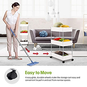 KPX Bathroom Rolling Storage Cart with Wheels Kitchen Utility Cart Casters Mobile Laundry Organizer Shelves for Room Organizers, Make Up, Home School, Dorm Room Office Essentials (3-Tier, White)